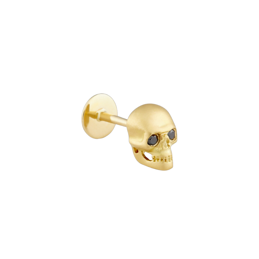 Large Yellow Gold Matte Skull with Black Diamond Eyes Threaded Stud ...